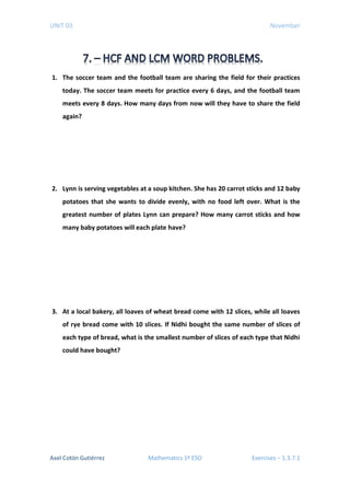 1 ESO - Unit 03 - Exercises 3.7 - HCF and LCM Problems | PDF
