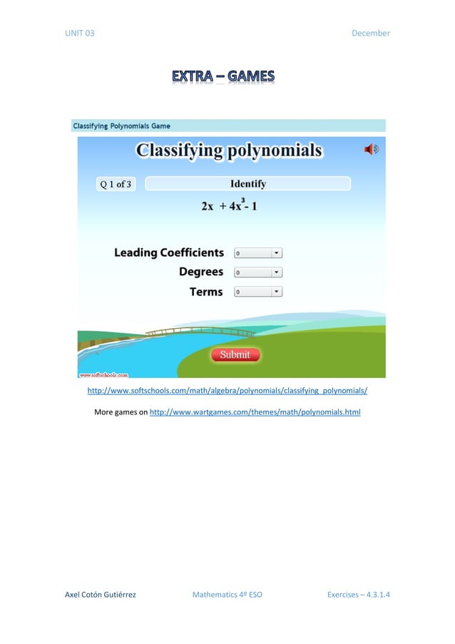 4 ESO Academics - Unit 03 - Exercises 4.3.1 - Polynomials | PDF