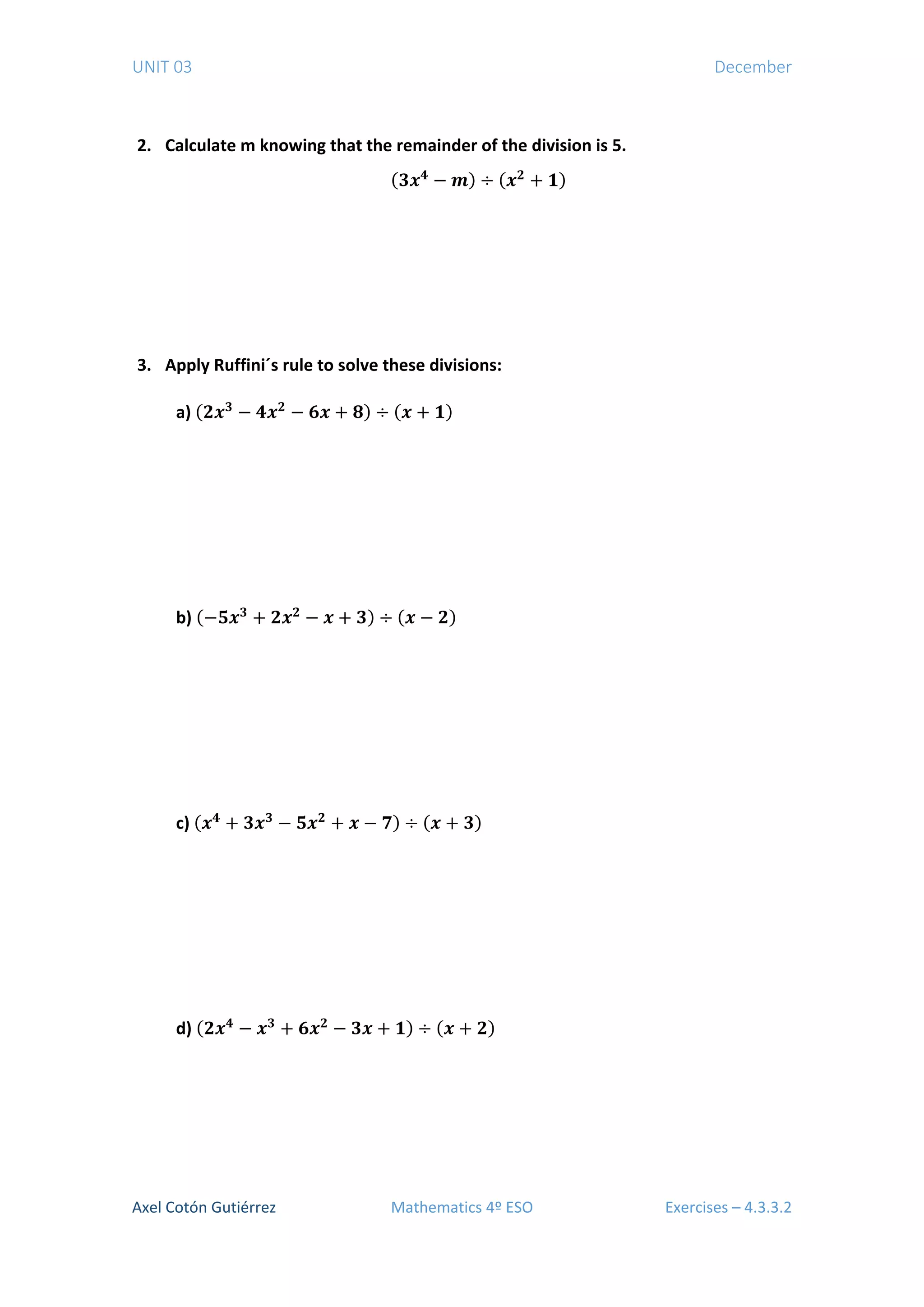4 ESO Academics - Unit 03 - Exercises 4.3.3 - Division of Polynomials. Ruffini´s Rule. | PDF