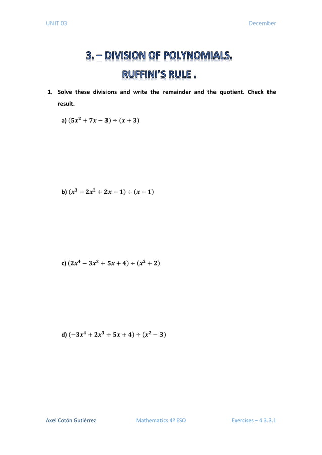 4 ESO Academics - Unit 03 - Exercises 4.3.3 - Division of Polynomials. Ruffini´s Rule. | PDF