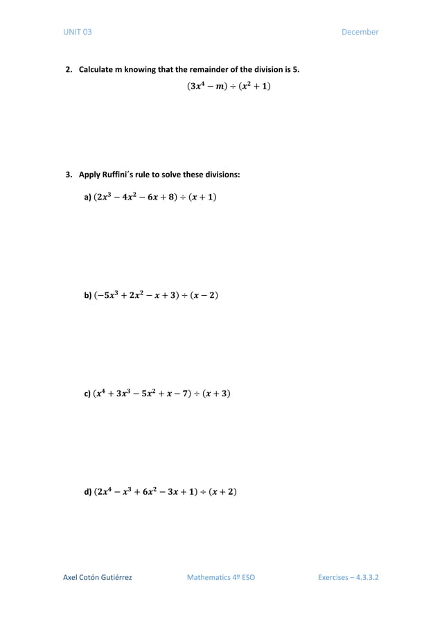 4 ESO Academics - Unit 03 - Exercises 4.3.3 - Division of Polynomials. Ruffini´s Rule. | PDF