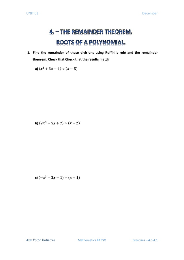 4 ESO Academics - Unit 03 - Exercises 4.3.4 - The Remainder Theorem ...