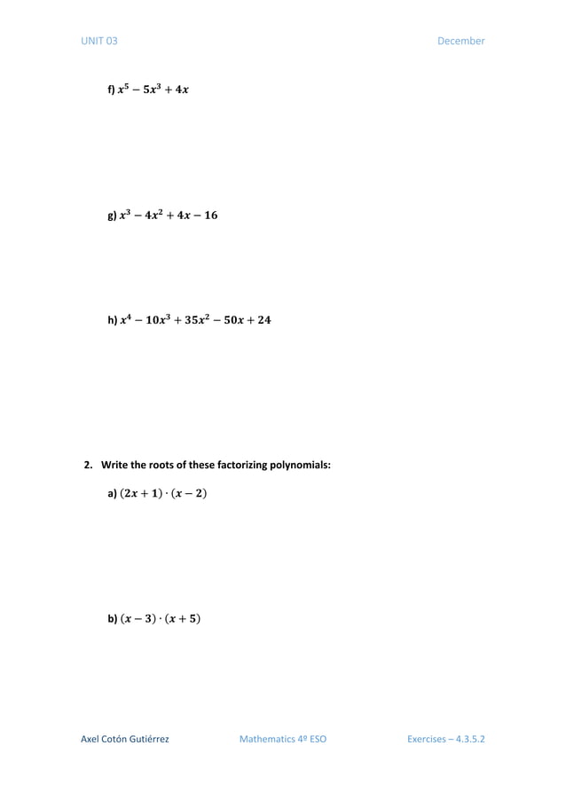 4 ESO Academics - Unit 03 - Exercises 4.3.5 - Factorizing Polynomials. Algebraic Fractions ...