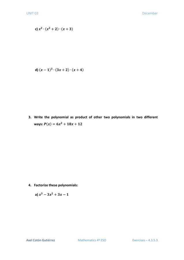 4 ESO Academics - Unit 03 - Exercises 4.3.5 - Factorizing Polynomials. Algebraic Fractions. | PDF