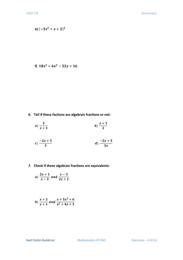 4 ESO Academics - Unit 03 - Exercises 4.3.5 - Factorizing Polynomials. Algebraic Fractions ...