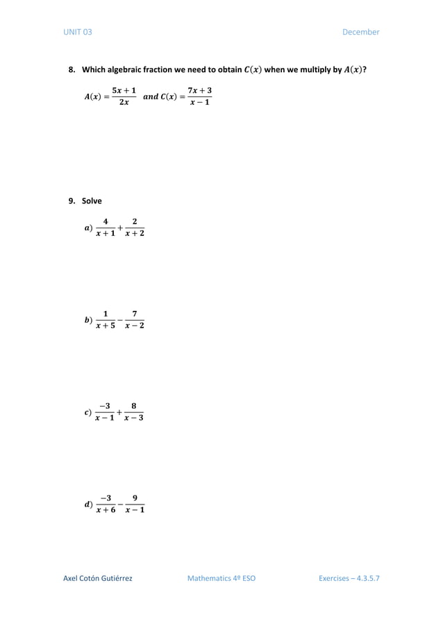 4 Eso Academics Unit 03 Exercises 4 3 5 Factorizing Polynomials Algebraic Fractions