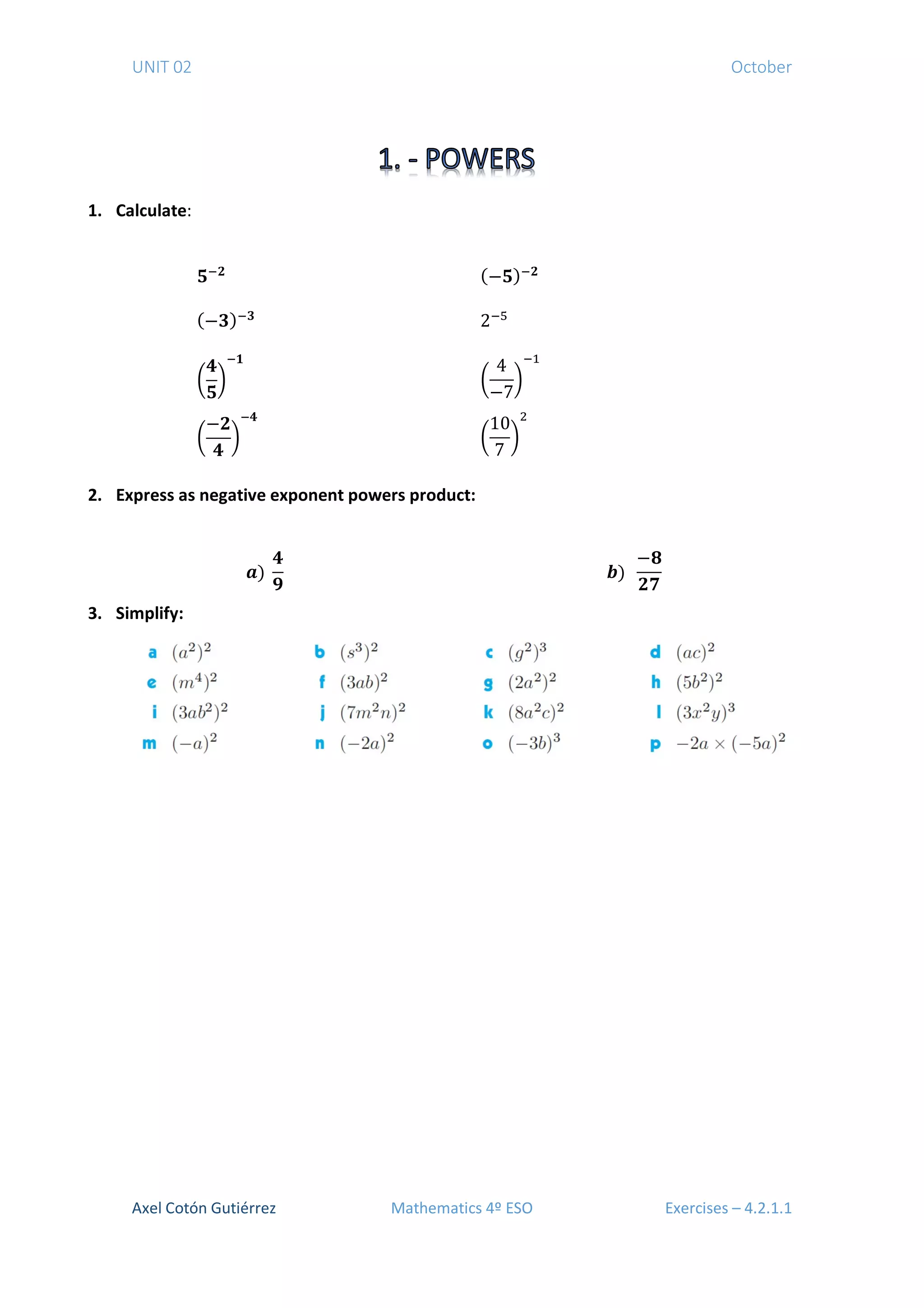 4 ESO - Unit 02 - Exercises 4.2.1 - Powers | PDF | Physics | Science