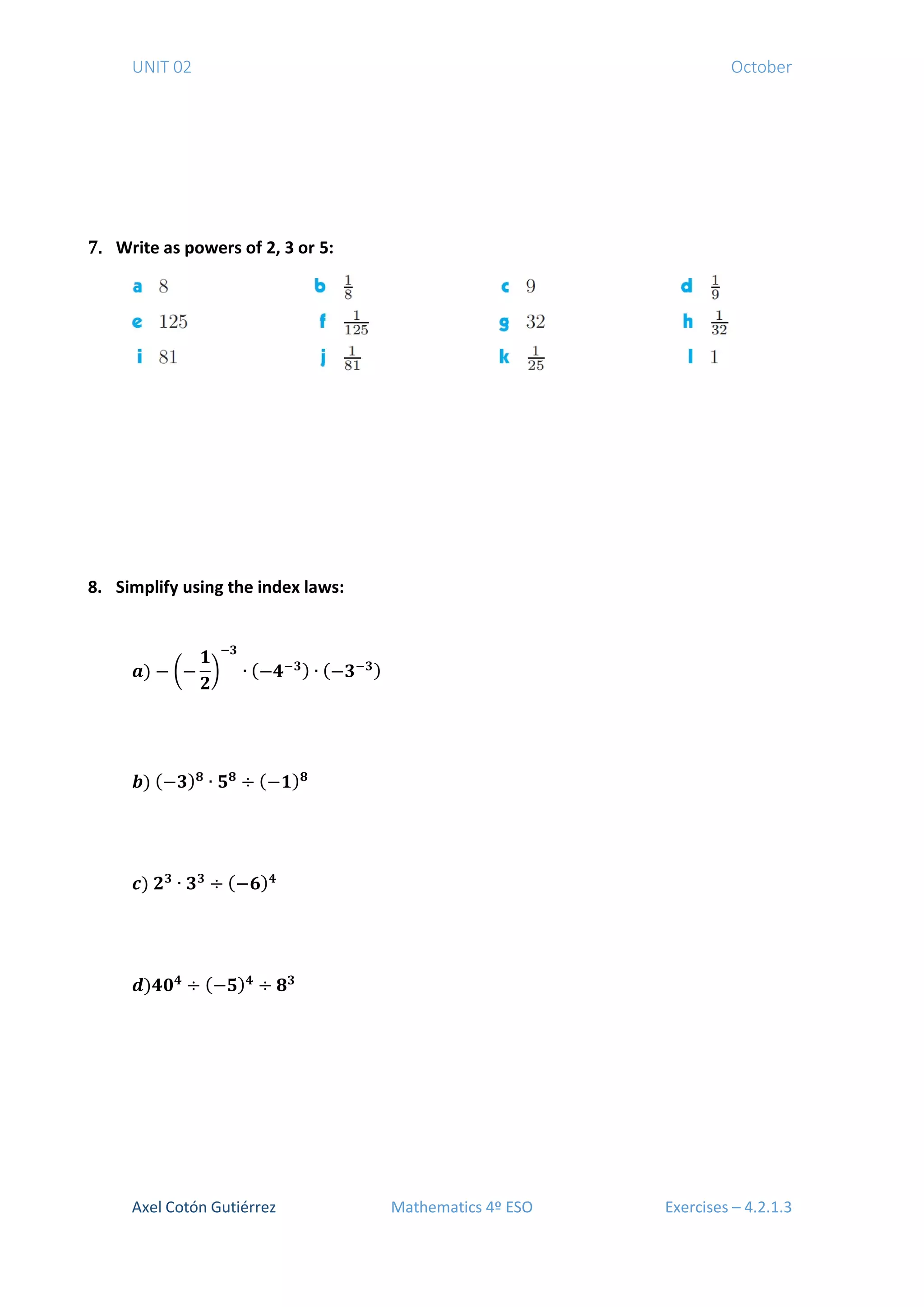 4 ESO - Unit 02 - Exercises 4.2.1 - Powers | PDF | Physics | Science