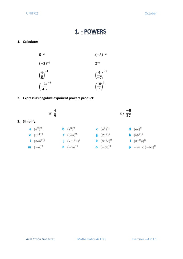 4 ESO - Unit 02 - Exercises 4.2.1 - Powers | PDF | Physics | Science