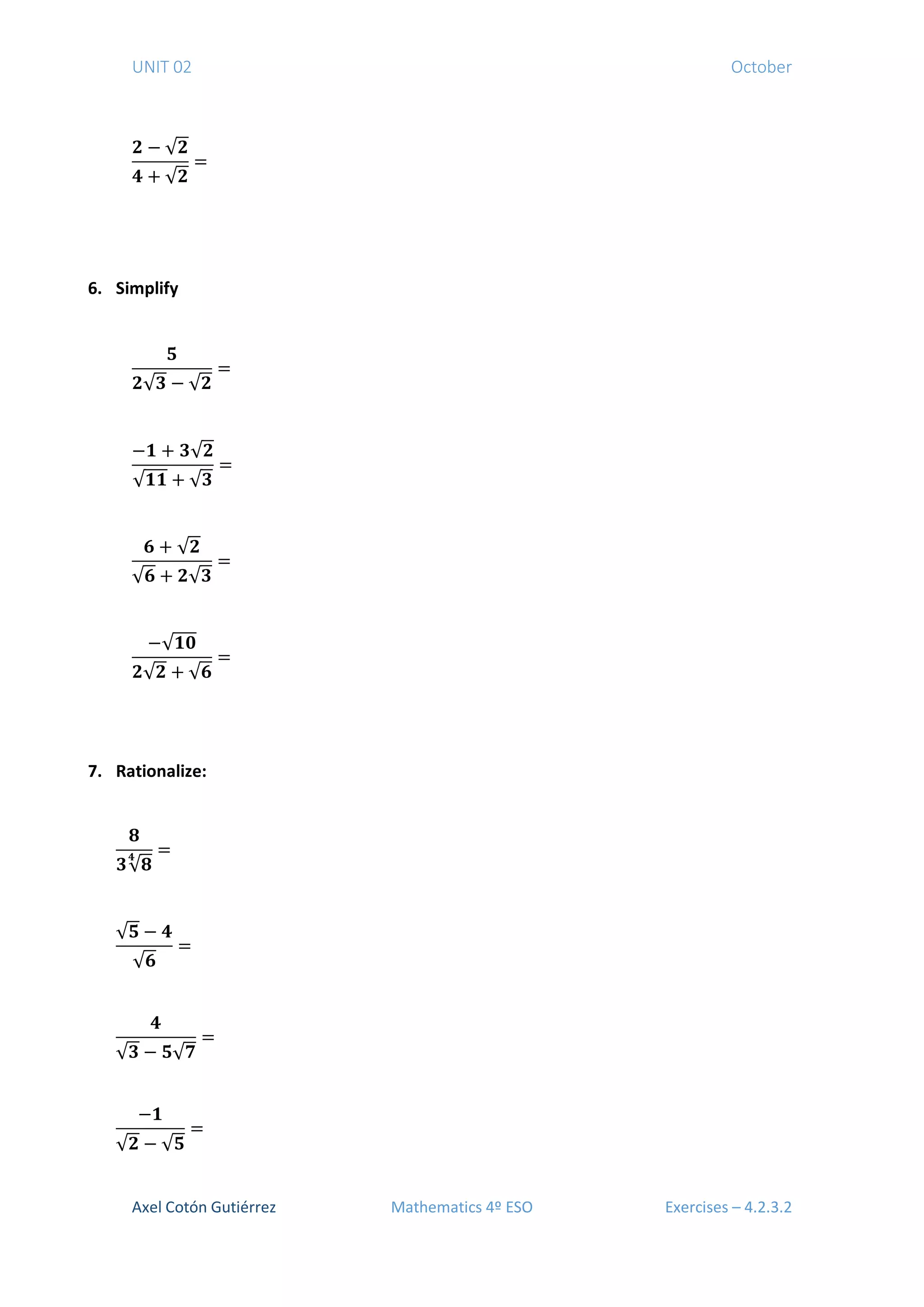 4 ESO Academics - Unit 02 - Exercises 4.2.3 - Rationalizing the Denominator and Standard Form | PDF