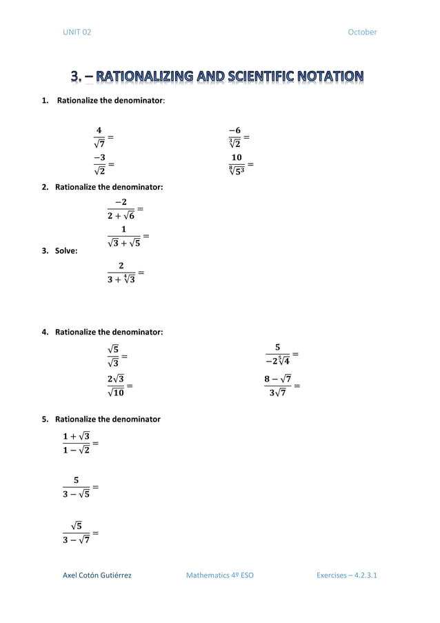 4 ESO Academics - Unit 02 - Exercises 4.2.3 - Rationalizing the Denominator and Standard Form | PDF