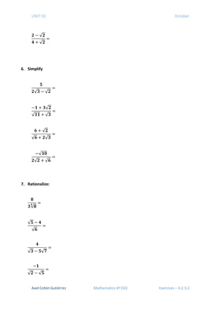 4 ESO Academics - Unit 02 - Exercises 4.2.3 - Rationalizing the Denominator and Standard Form | PDF