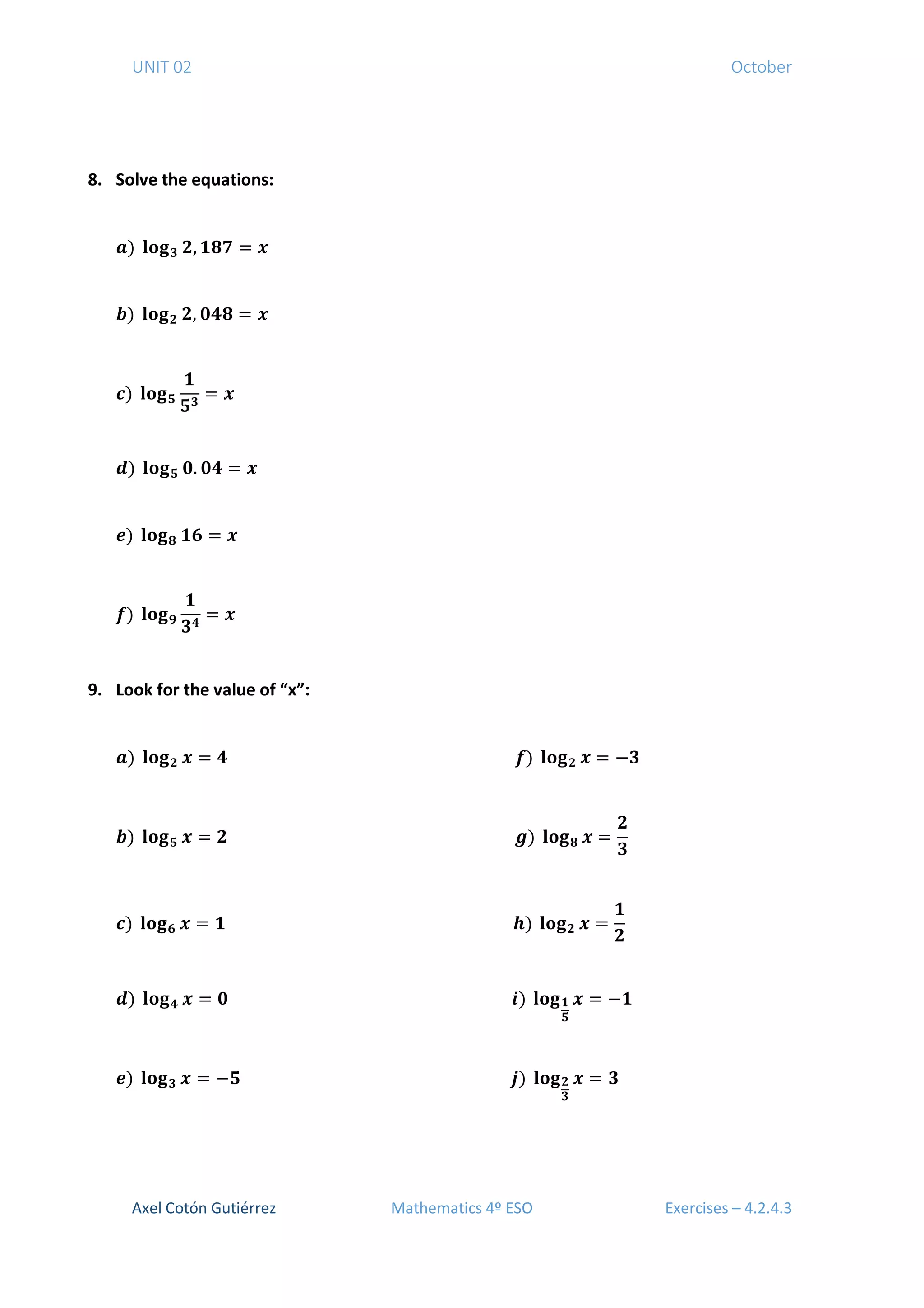 4 ESO Academics - Unit 02 - Exercises 4.2.4 - Logarithms | PDF