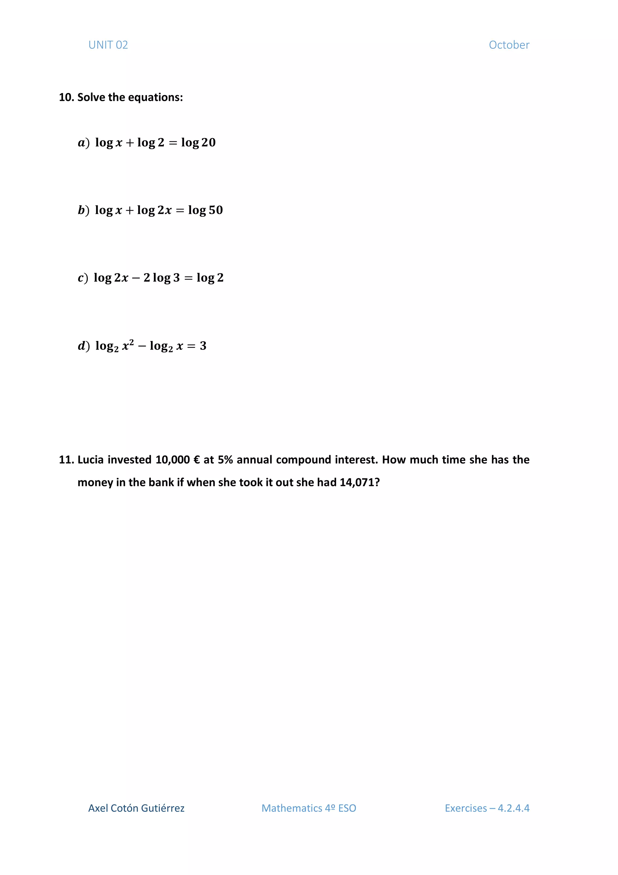 4 ESO Academics - Unit 02 - Exercises 4.2.4 - Logarithms | PDF