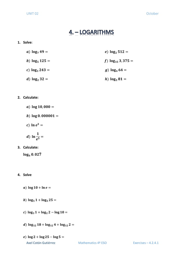 4 ESO Academics - Unit 02 - Exercises 4.2.4 - Logarithms | PDF