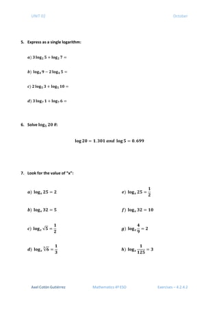 4 ESO Academics - Unit 02 - Exercises 4.2.4 - Logarithms | PDF