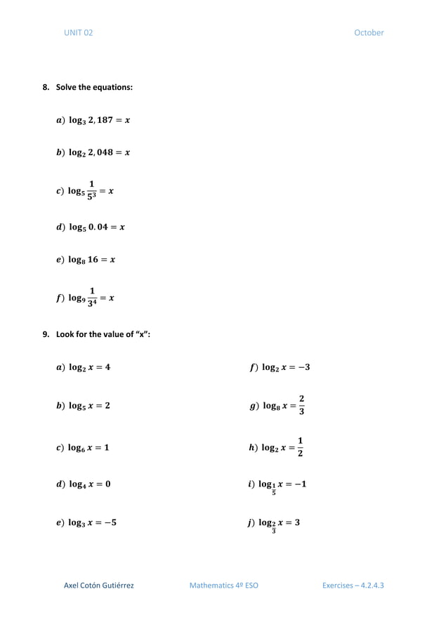 4 ESO Academics - Unit 02 - Exercises 4.2.4 - Logarithms | PDF