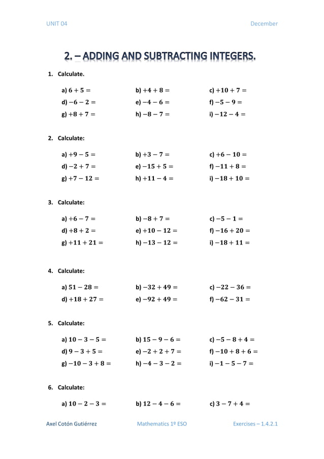 1 ESO - Unit 04 - Exercises 1.4.2. - Adding and Subtracting Integers | PDF