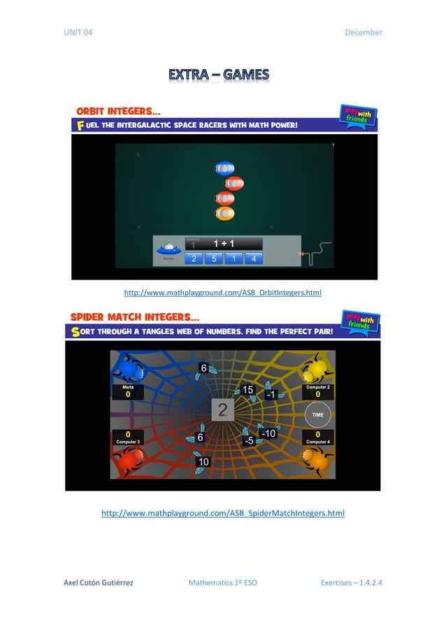 1 ESO - Unit 04 - Exercises 1.4.2. - Adding and Subtracting Integers | PDF
