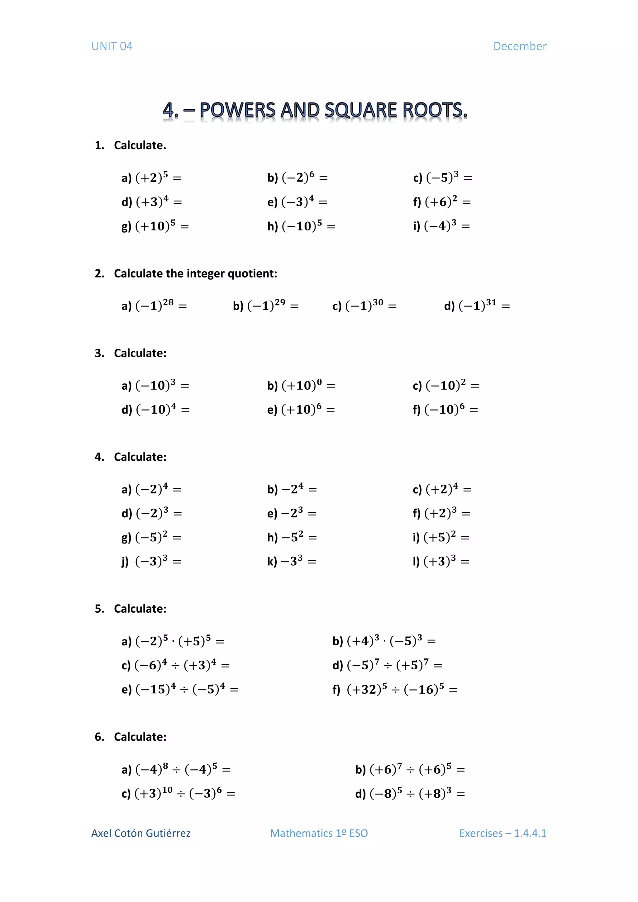 1 ESO - Unit 04 - Exercises 1.4.4. - Powers and Square Roots. | PDF
