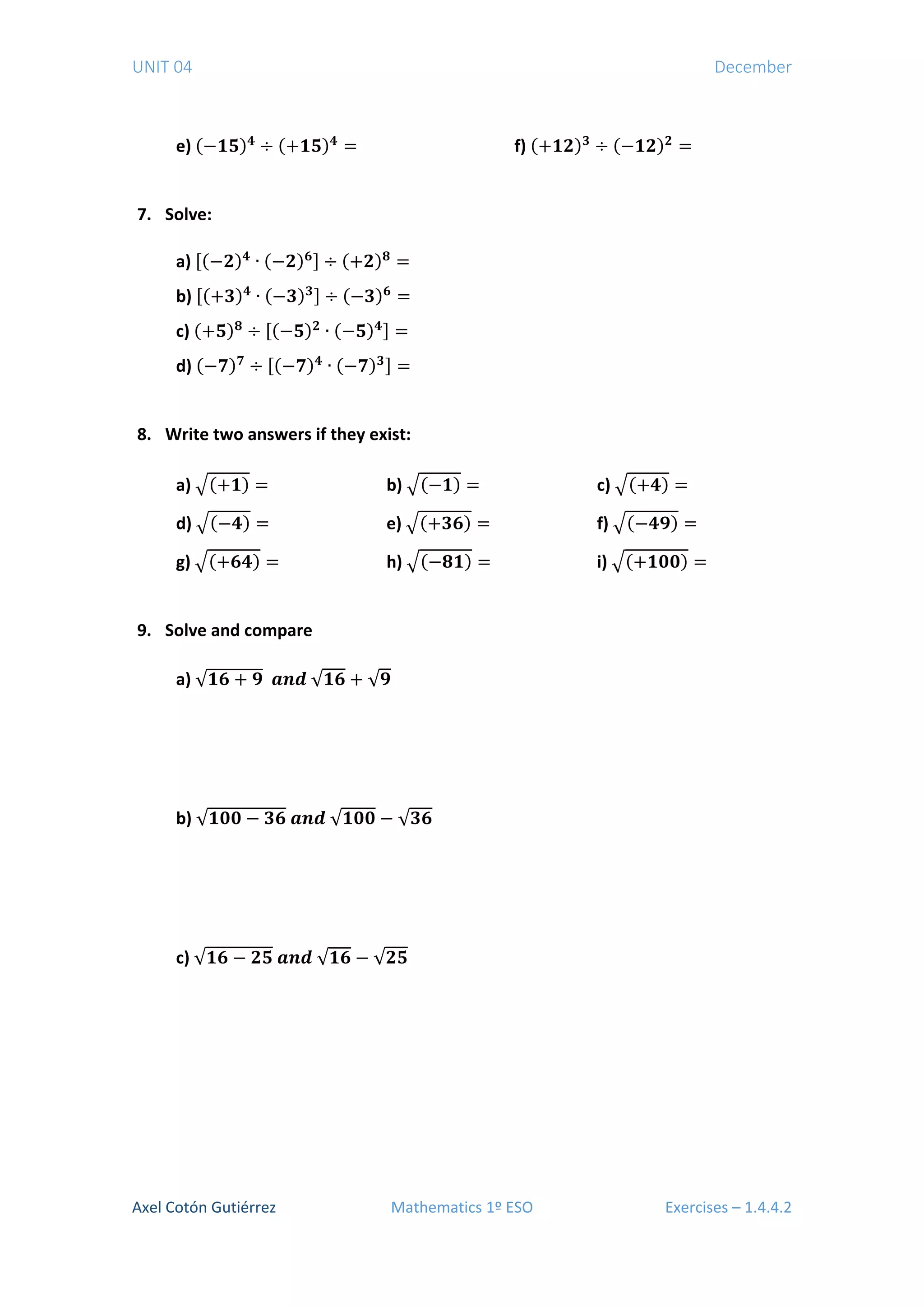 1 ESO - Unit 04 - Exercises 1.4.4. - Powers and Square Roots. | PDF
