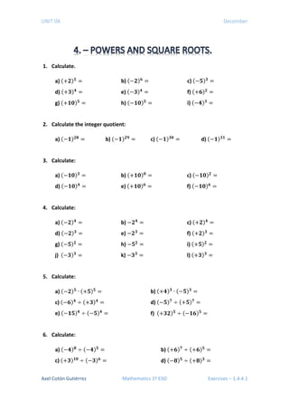 1 ESO - Unit 04 - Exercises 1.4.4. - Powers and Square Roots. | PDF
