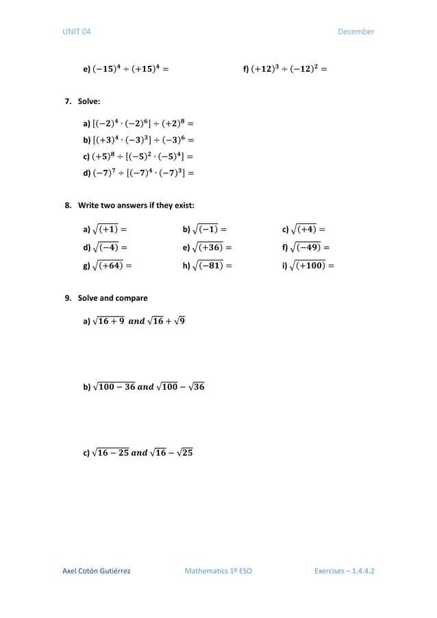 1 ESO - Unit 04 - Exercises 1.4.4. - Powers and Square Roots. | PDF