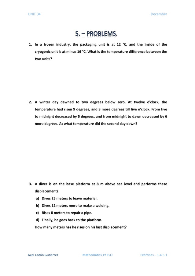 1 ESO - Unit 04 - Exercises 1.4.5. - Integer Problems. | PDF