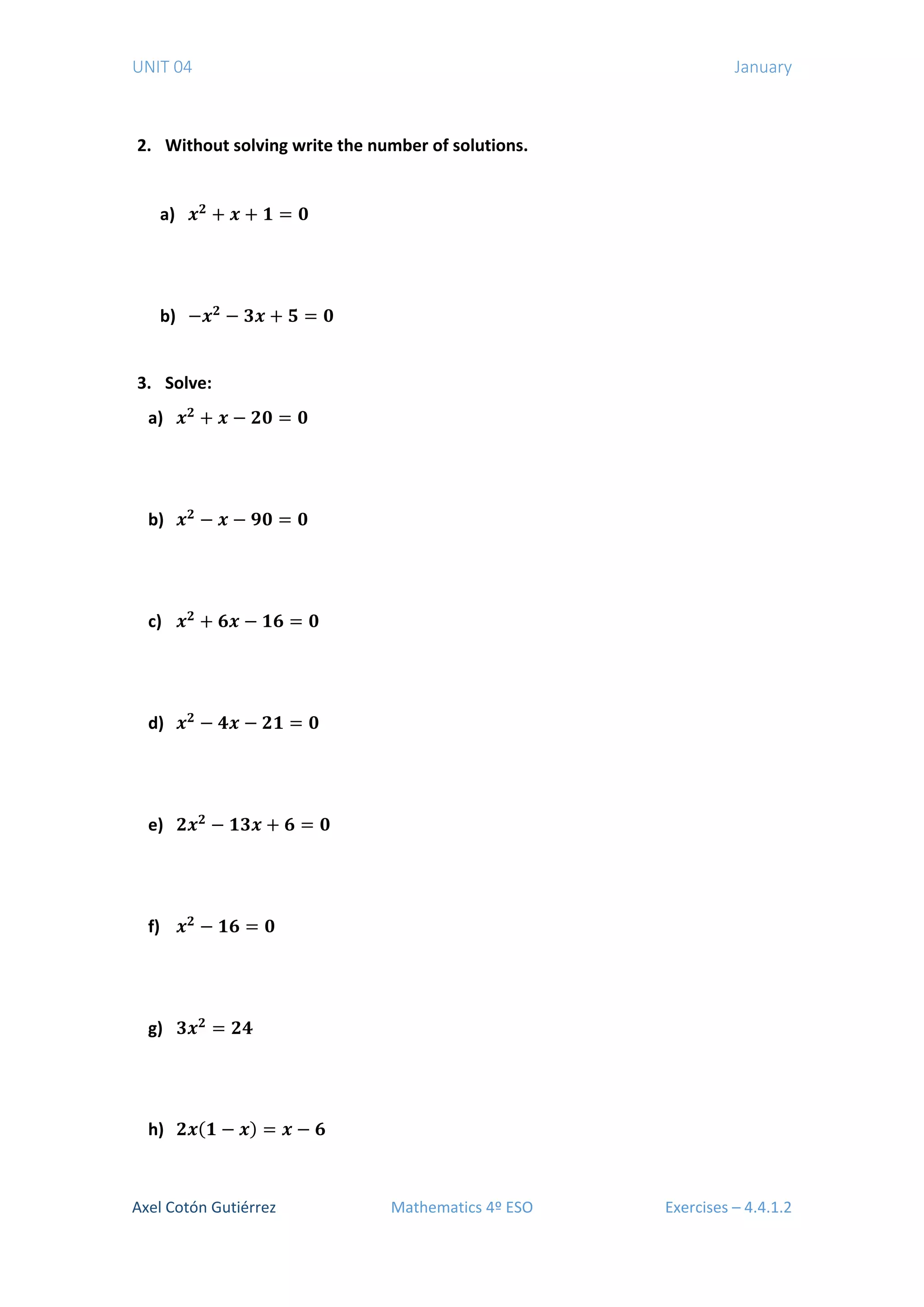 4 ESO Academics - Unit 04 - Exercises 4.4.1 - First Degree and Second Degree Equations. | PDF