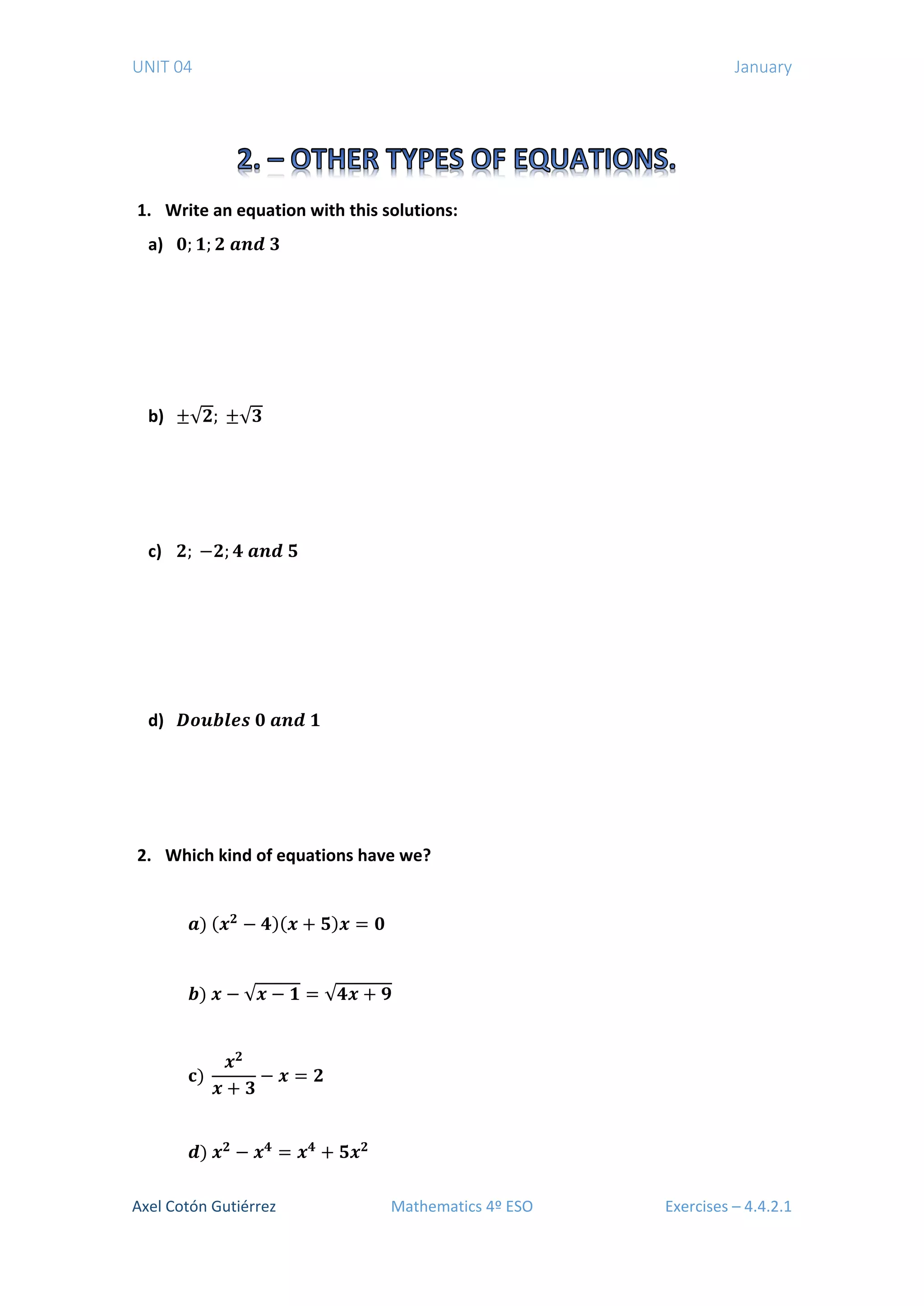 4 ESO Academics - Unit 04 - Exercises 4.4.2 - Other Types of Equations | PDF | Physics | Science