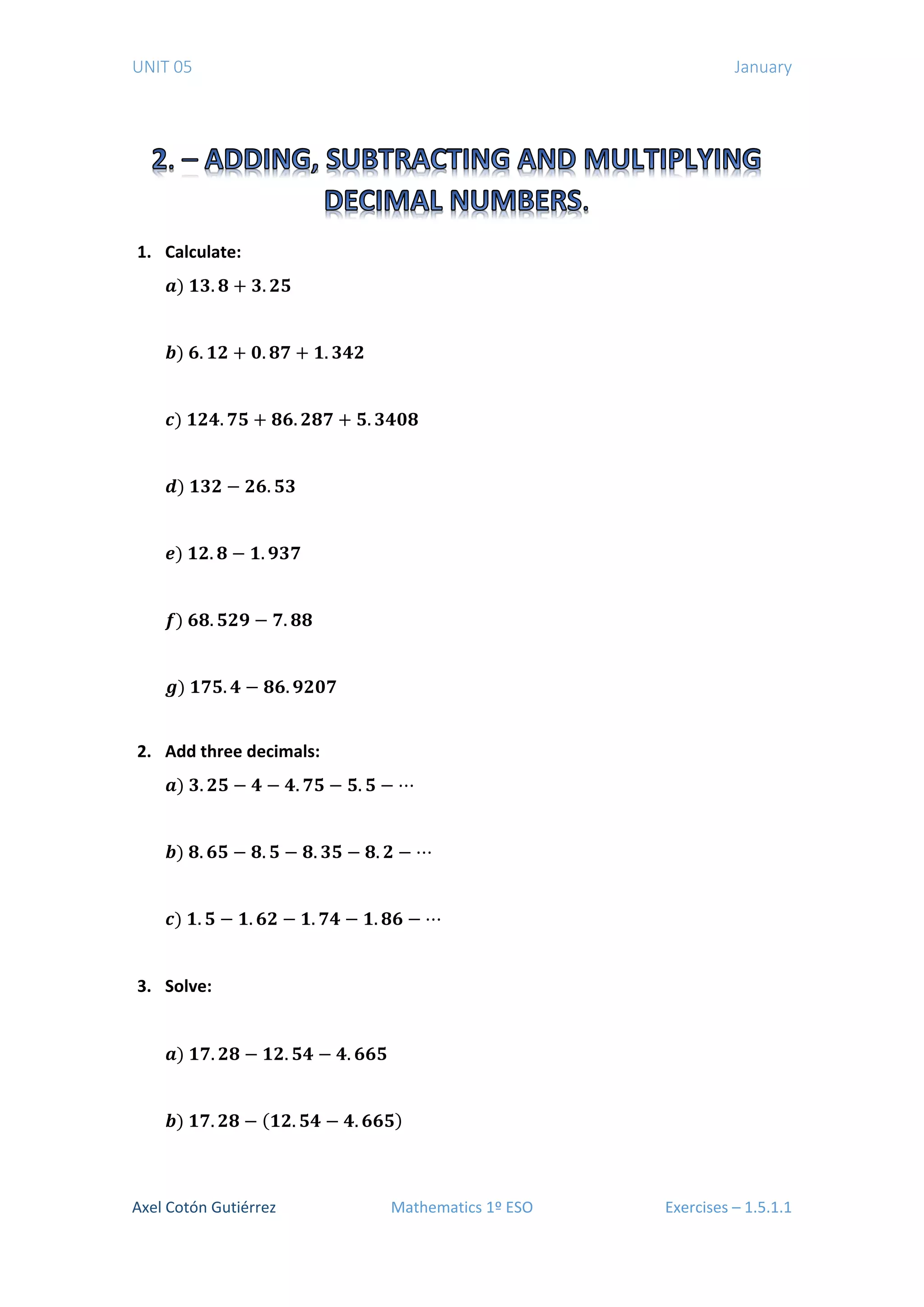 1 ESO - Unit 05 - Exercises 1.5.2 - Adding, Subtracting and Multiplying ...