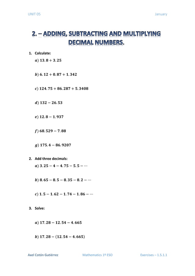 1 ESO - Unit 05 - Exercises 1.5.2 - Adding, Subtracting and Multiplying ...