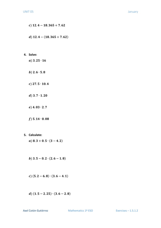 1 ESO - Unit 05 - Exercises 1.5.2 - Adding, Subtracting and Multiplying Decimal Numbers. | PDF
