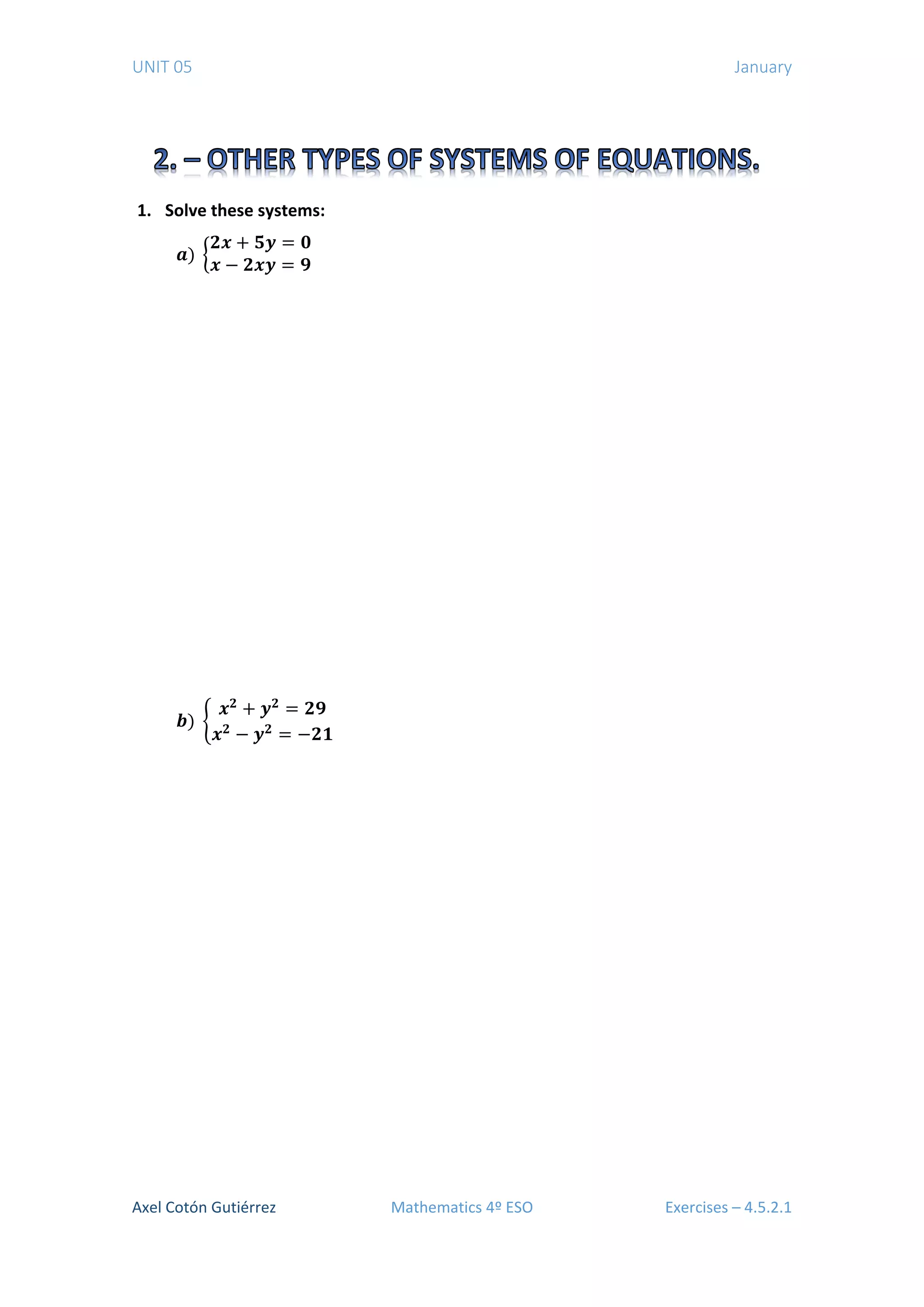 4 ESO Academics - Unit 05 - Exercises 4.5.2 - Other Types of Systems of Equations. | PDF