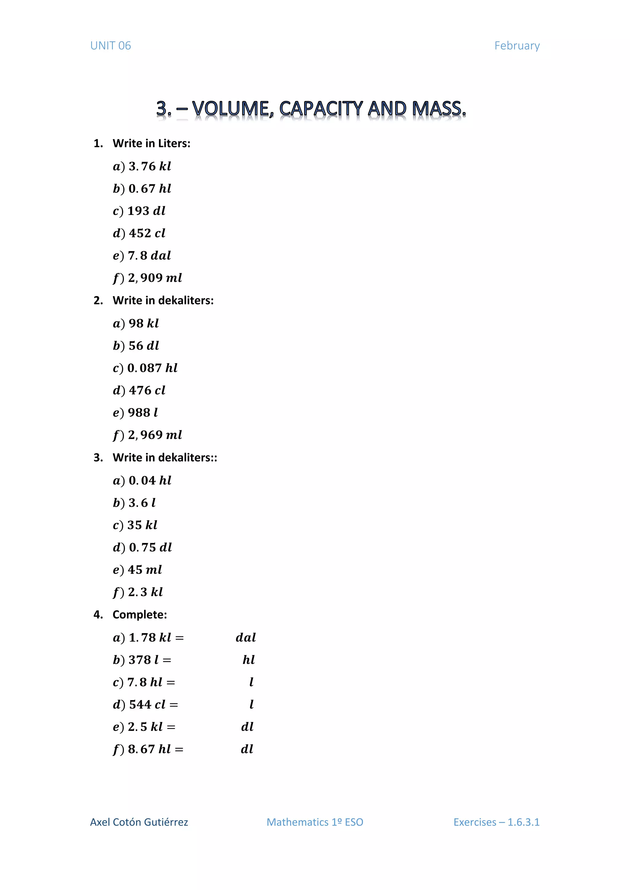 1 ESO - Unit 06 - Exercises 1.6.3 - Volume, Capacity and Mass. | PDF