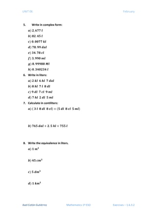 1 ESO - Unit 06 - Exercises 1.6.3 - Volume, Capacity and Mass. | PDF