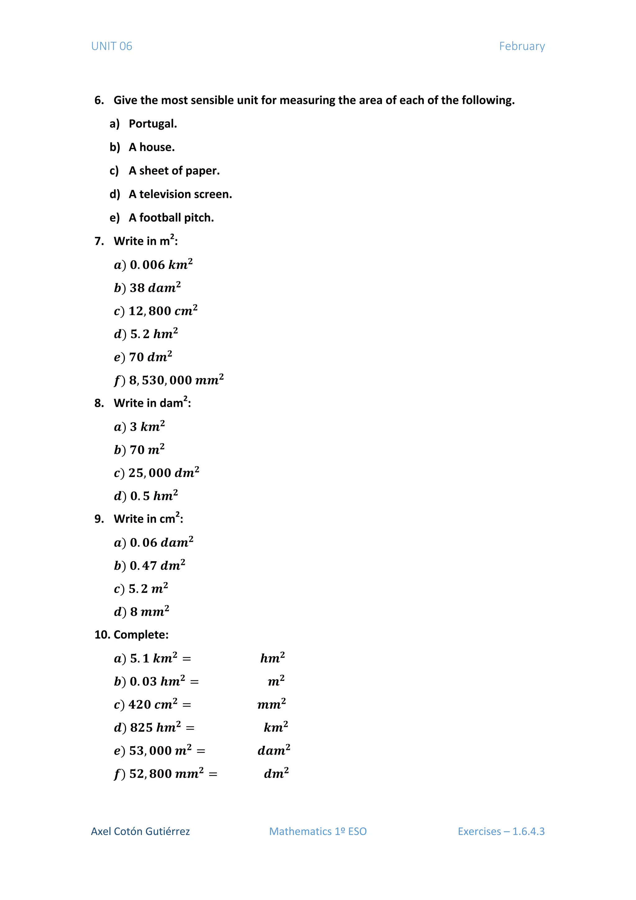 1 ESO - Unit 06 - Exercises 1.6.4 - Area. | PDF