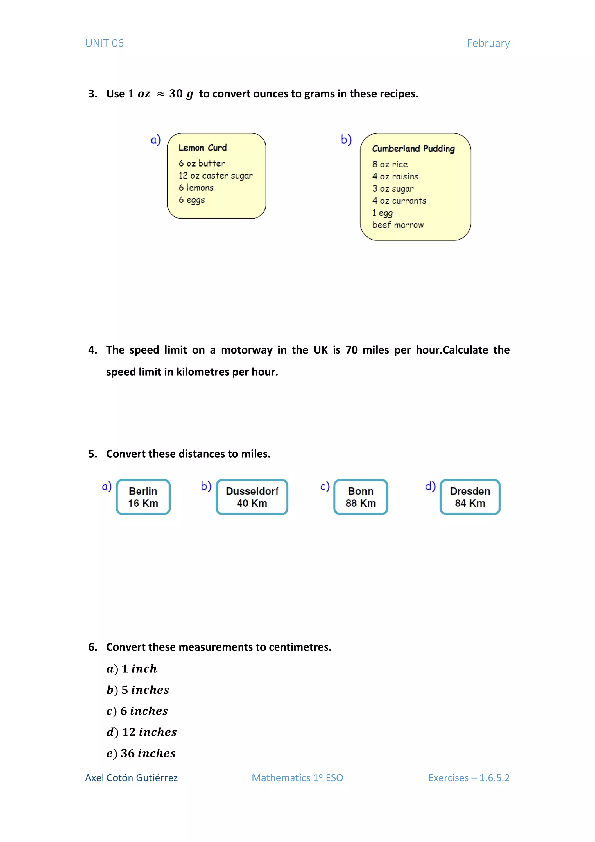1 ESO - Unit 06 - Exercises 1.6.5 - Imperial Units. | PDF