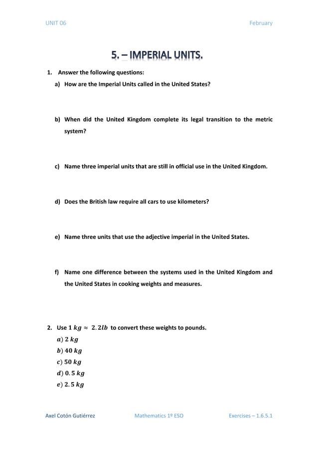 1 ESO - Unit 06 - Exercises 1.6.5 - Imperial Units. | PDF