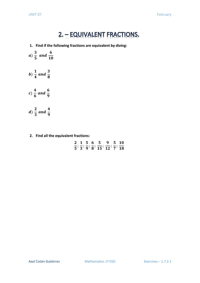 1 ESO - Unit 07 - Exercises 1.7.2 - Equivalent Fractions. | PDF | Education