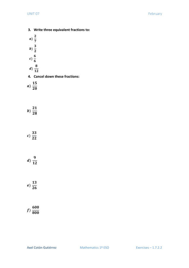 1 ESO - Unit 07 - Exercises 1.7.2 - Equivalent Fractions. | PDF | Education