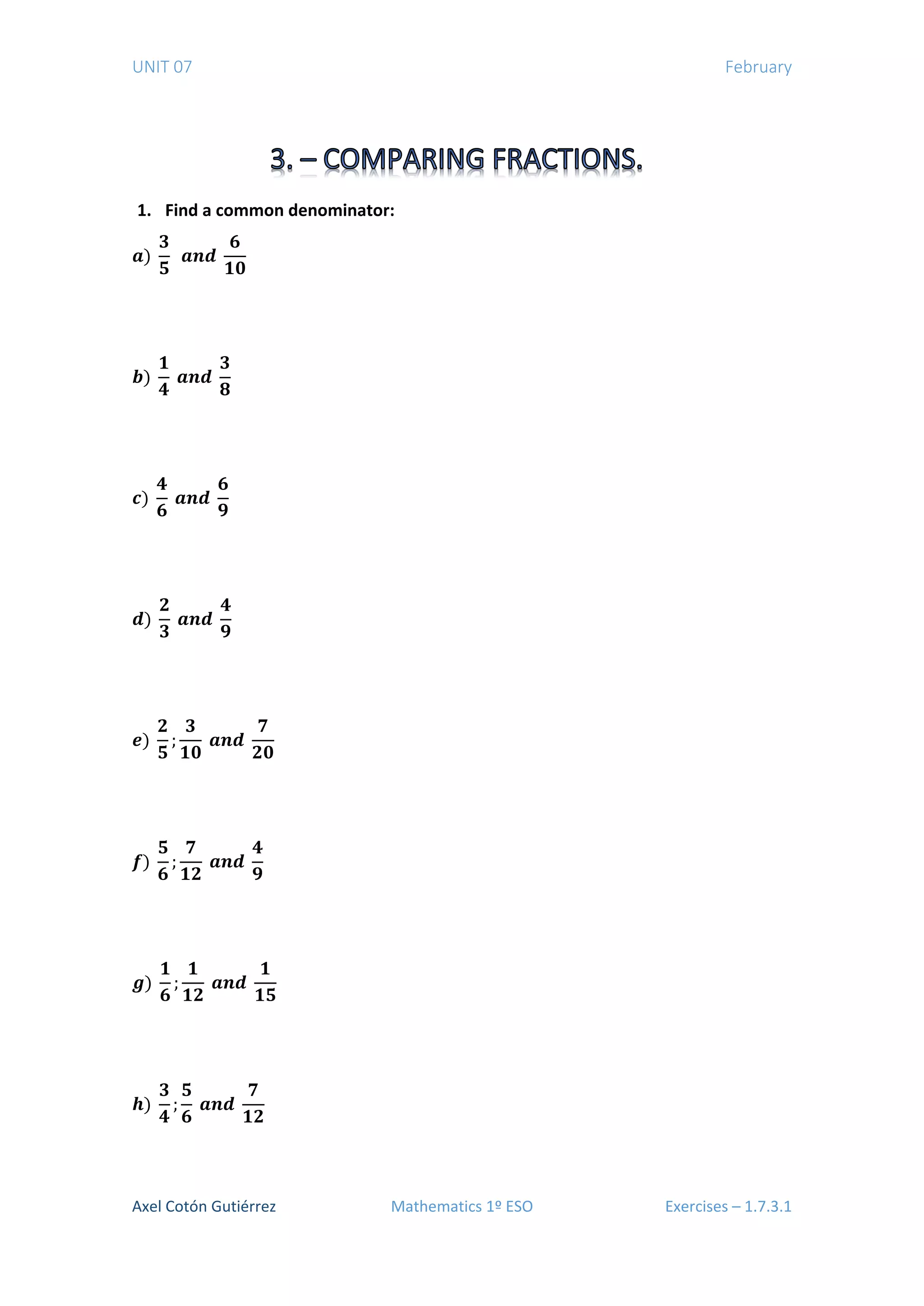 1 ESO - Unit 07 - Exercises 1.7.3 - Comparing Fractions. | PDF