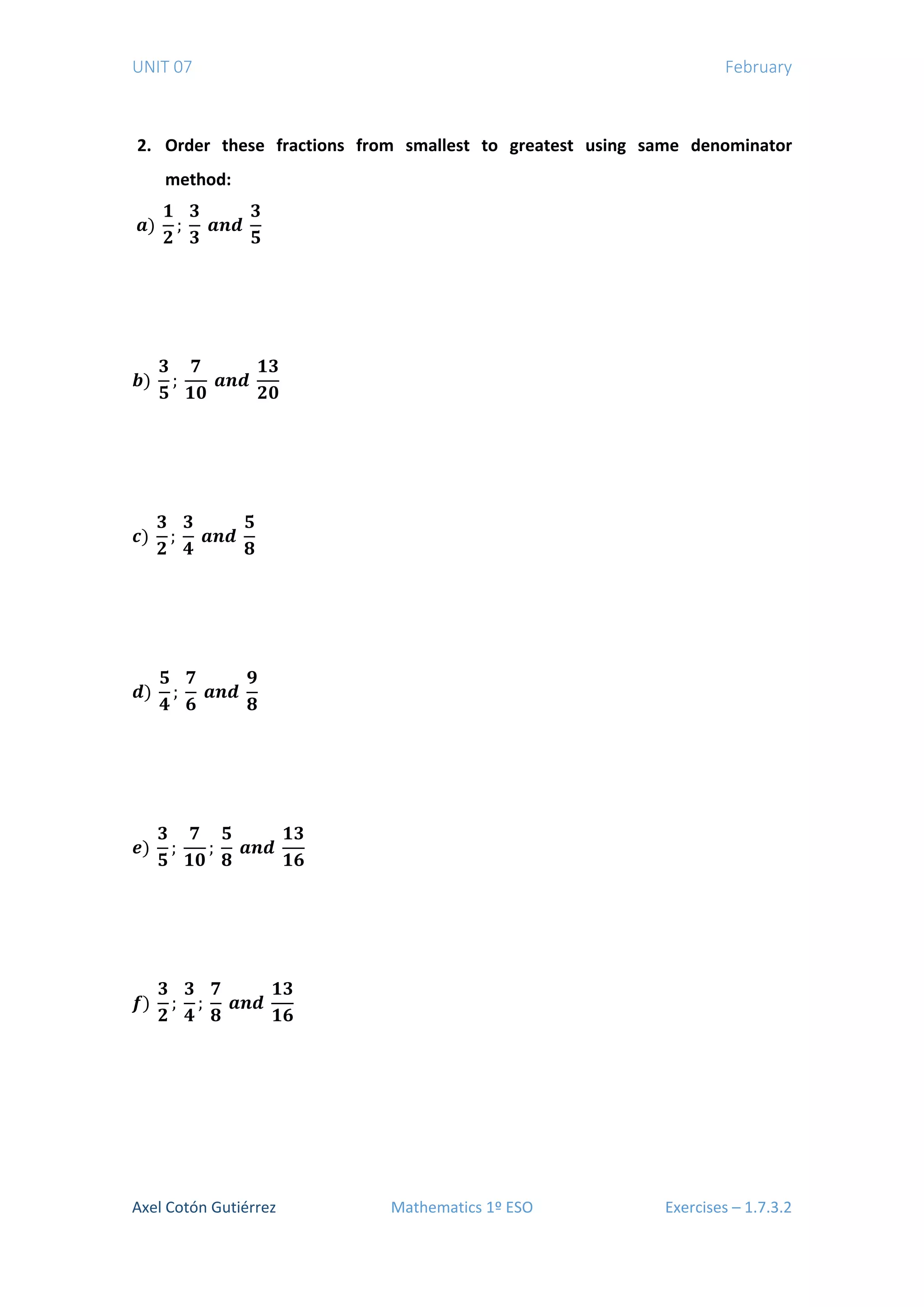 1 ESO - Unit 07 - Exercises 1.7.3 - Comparing Fractions. | PDF