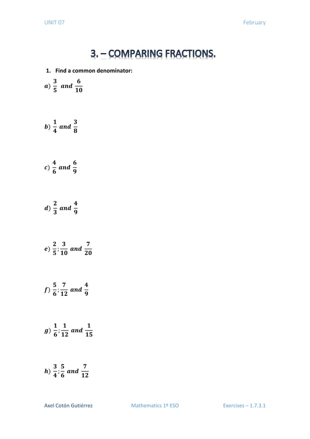 1 ESO - Unit 07 - Exercises 1.7.3 - Comparing Fractions. | PDF