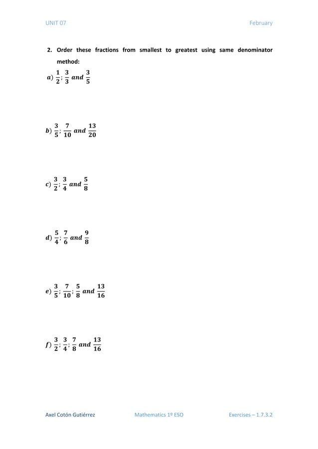 1 ESO - Unit 07 - Exercises 1.7.3 - Comparing Fractions. | PDF