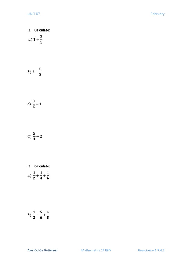 1 ESO - Unit 07 - Exercises 1.7.4 - Adding and Subtracting Fractions. | PDF
