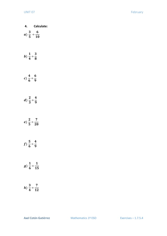 1 ESO - Unit 07 - Exercises 1.7.5 - Multiplying and Dividing Fractions. | PDF