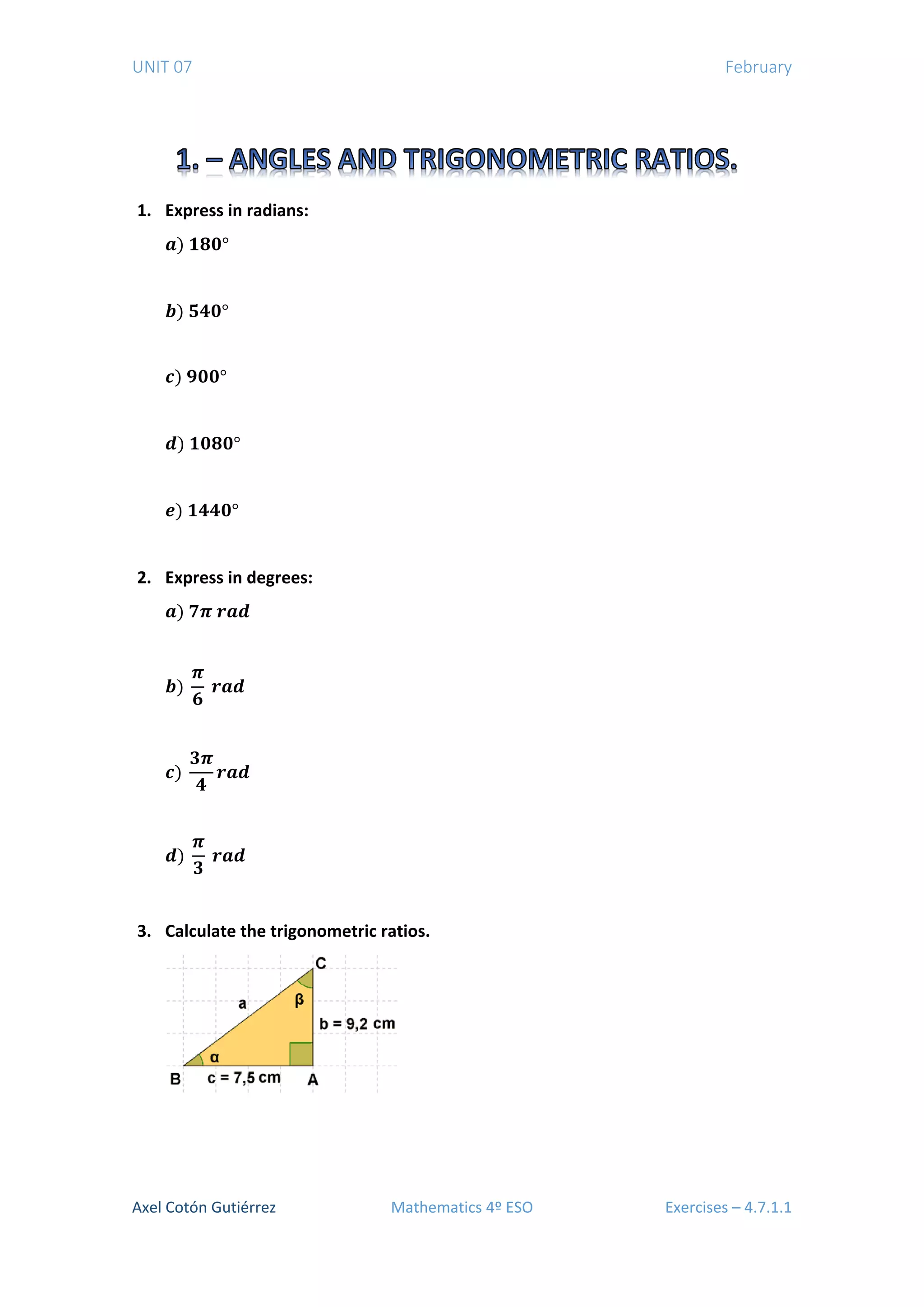 4 ESO Academics - Unit 07 - Exercises 4.7.1 - Angles and Trigonometric Ratios | PDF