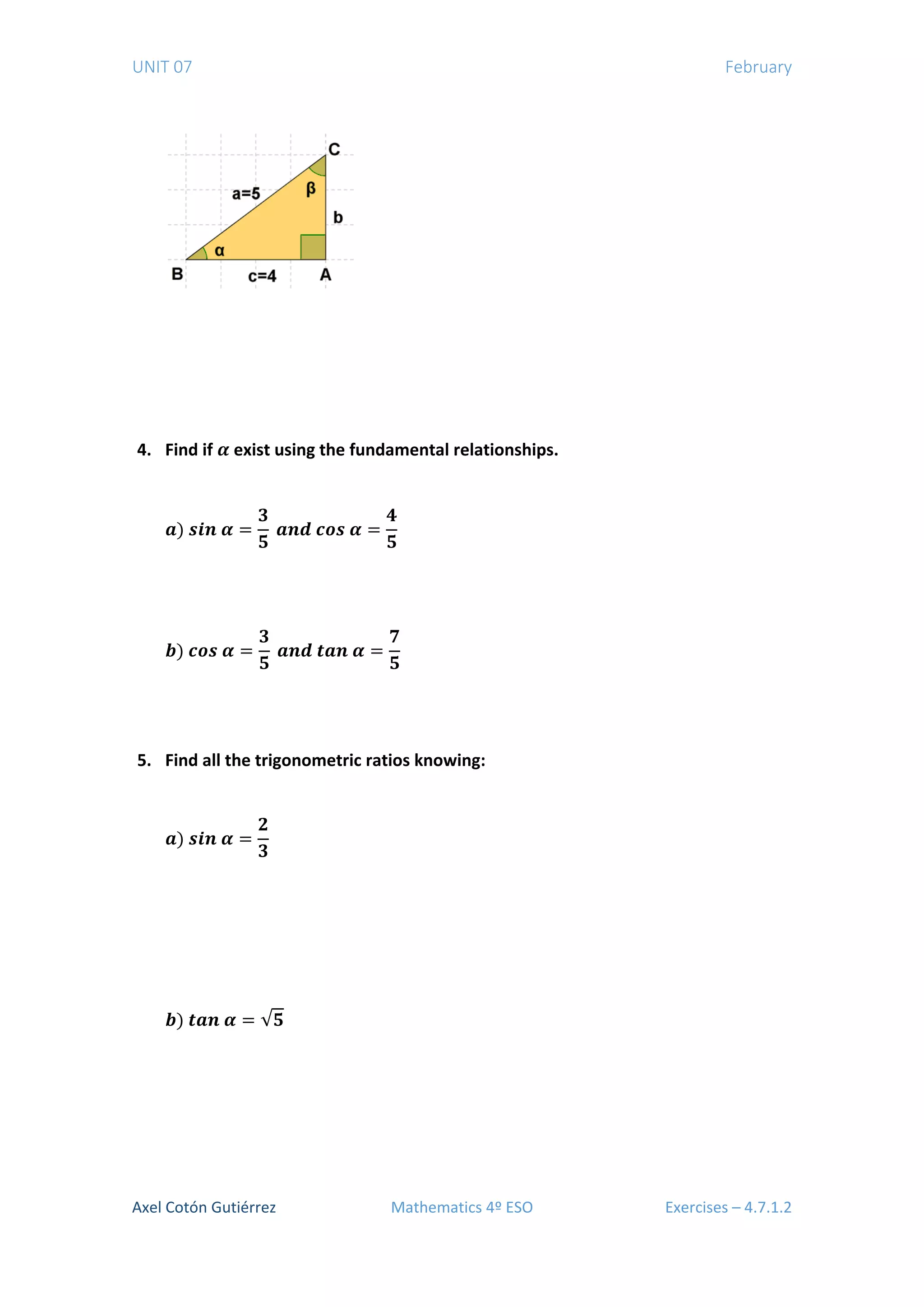 4 ESO Academics - Unit 07 - Exercises 4.7.1 - Angles and Trigonometric Ratios | PDF