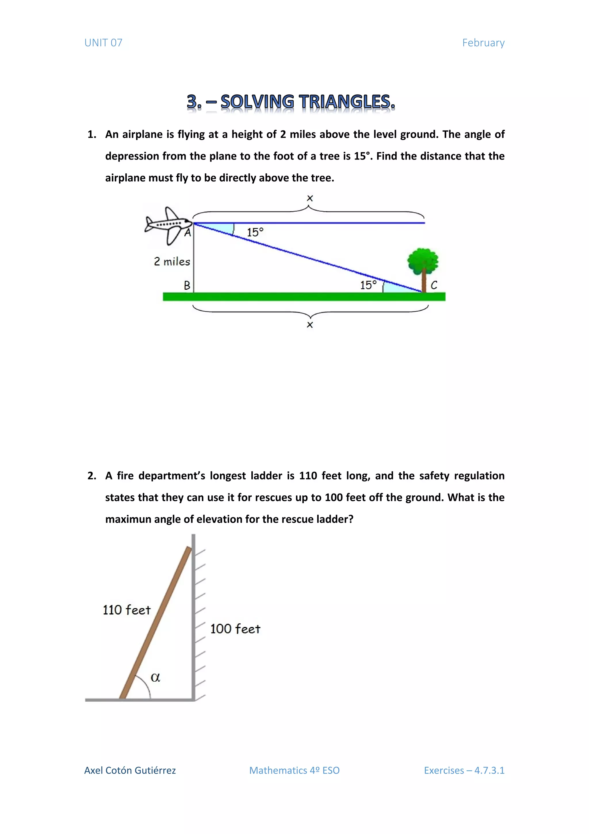 4 ESO Academics - Unit 07 - Exercises 4.7.3 - Solving Triangles. | PDF